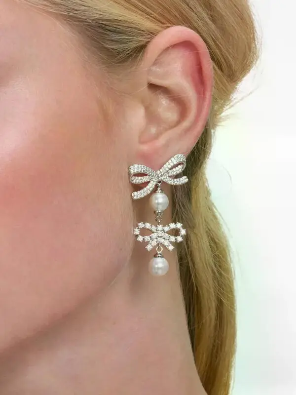SELF-PORTRAIT Double-bow Pearl Drop Earrings - Silver