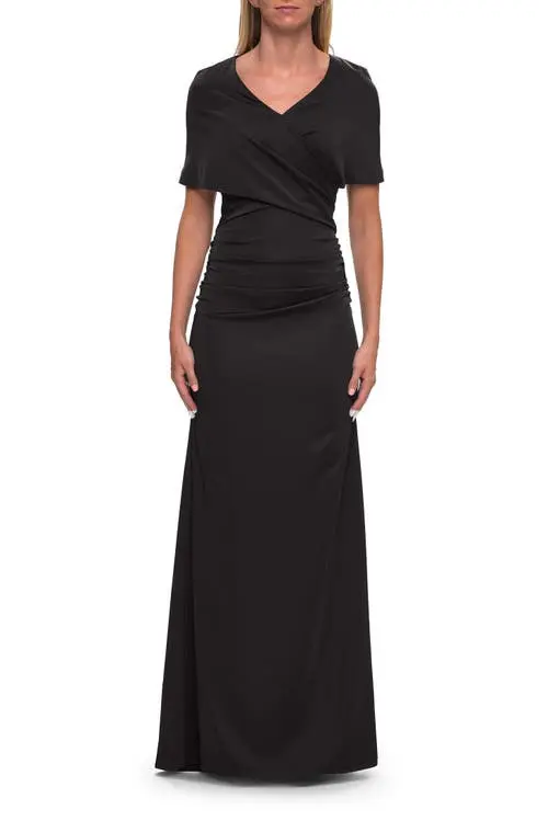 La Femme Draped Bodice Jersey Gown With Short Sleeves - Black
