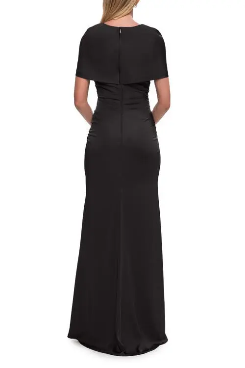 La Femme Draped Bodice Jersey Gown With Short Sleeves - Black