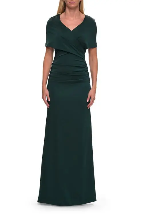 La Femme Draped Bodice Jersey Gown With Short Sleeves - Dark Emerald