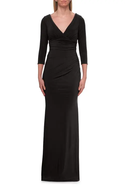 La Femme V-neck Ruched Gown With Three-quarter Sleeves - Black