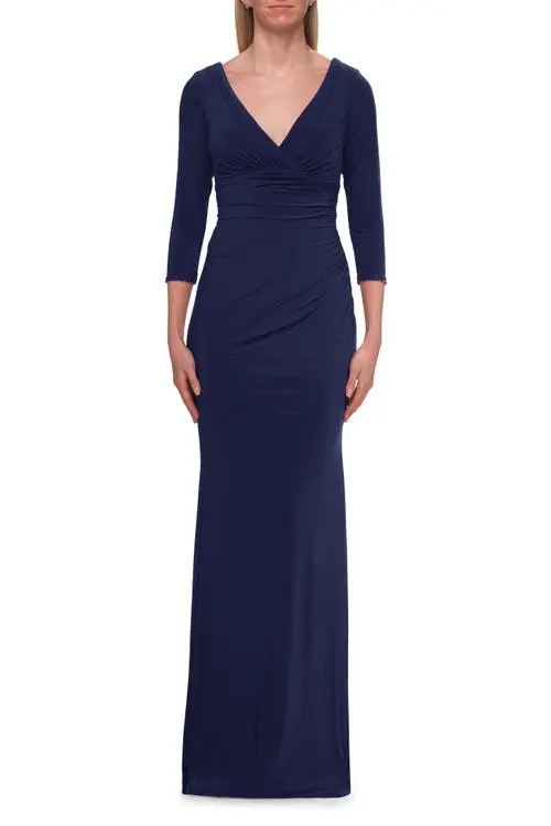 La Femme V-neck Ruched Gown With Three-quarter Sleeves - Navy