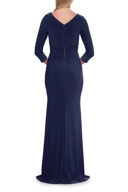 La Femme V-neck Ruched Gown With Three-quarter Sleeves - Navy