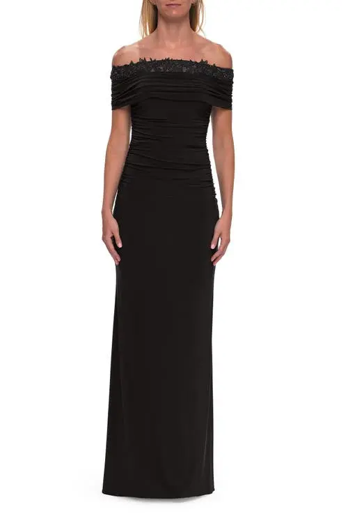 La Femme Off-the-shoulder Lace Trim Evening Gown - Black