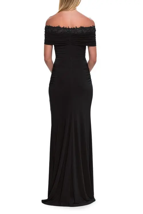 La Femme Off-the-shoulder Lace Trim Evening Gown - Black