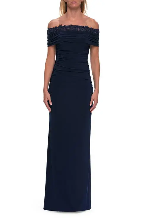 La Femme Off-the-shoulder Lace Trim Evening Gown - Navy