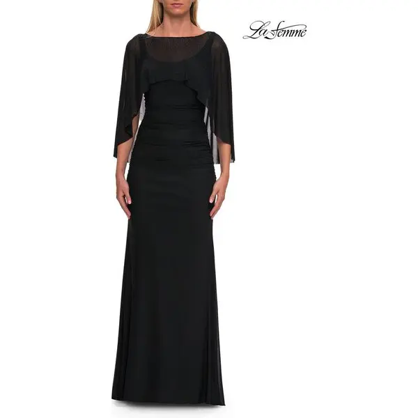 La Femme Jersey Gown With Sheer Beaded Cape Overlay - Black