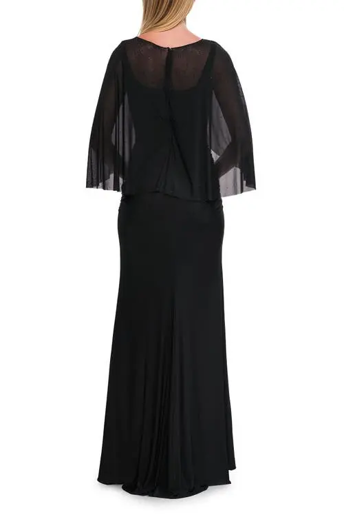 La Femme Jersey Gown With Sheer Beaded Cape Overlay