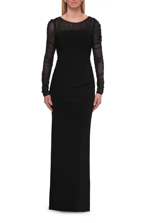 La Femme Long Sleeve Sheer Net Jersey Gown With Ruching - Black