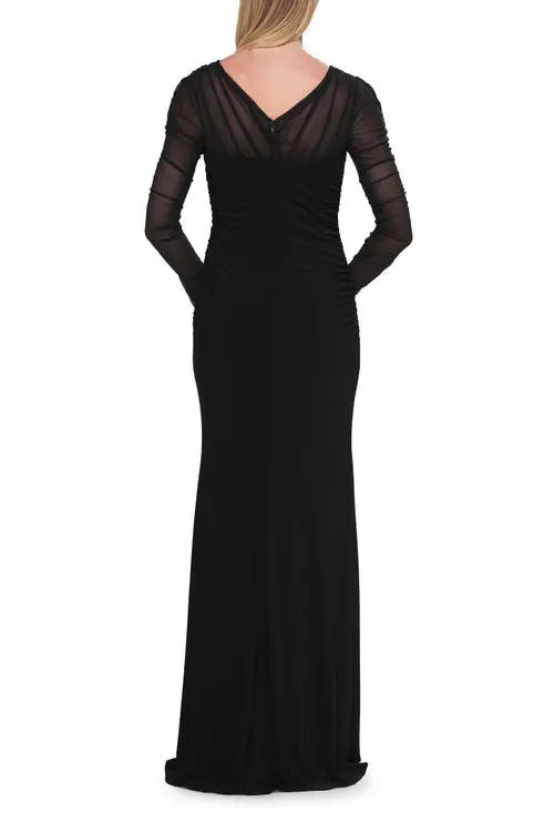 La Femme Long Sleeve Sheer Net Jersey Gown With Ruching - Black