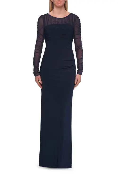 La Femme Long Sleeve Sheer Net Jersey Gown With Ruching - Navy