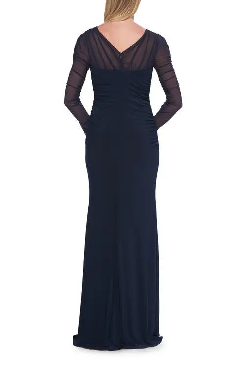 La Femme Long Sleeve Sheer Net Jersey Gown With Ruching
