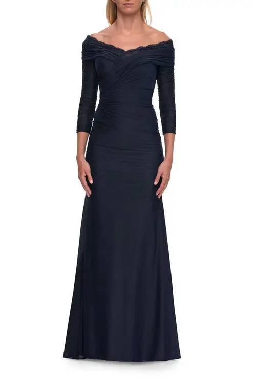 La Femme Off-the-shoulder Three-quarter Sleeve Gown - Navy
