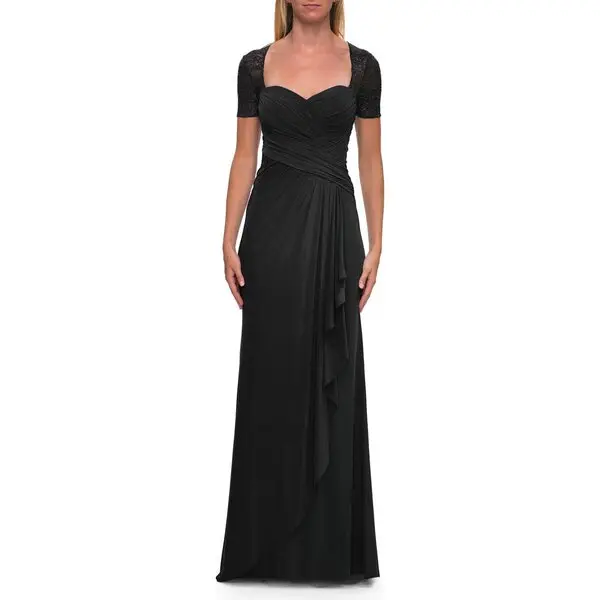 La Femme Ruched Lace Bodice Gown With Draped Skirt - Black