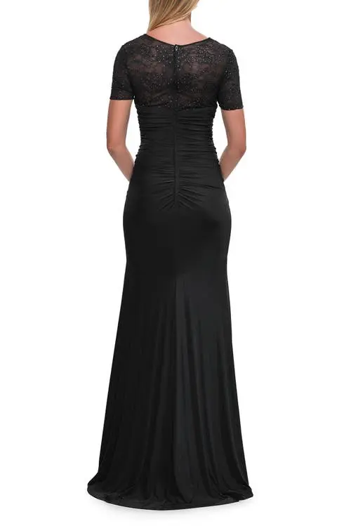 La Femme Ruched Lace Bodice Gown With Draped Skirt - Black