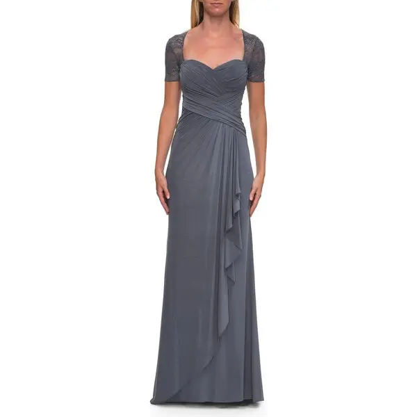 La Femme Ruched Lace Bodice Gown With Draped Skirt - Slate