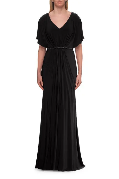 La Femme Flutter Sleeve Beaded Waist Gown - Black