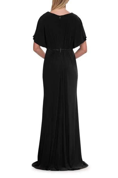 La Femme Flutter Sleeve Beaded Waist Gown - Black