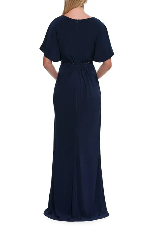 La Femme Flutter Sleeve Beaded Waist Gown - Navy