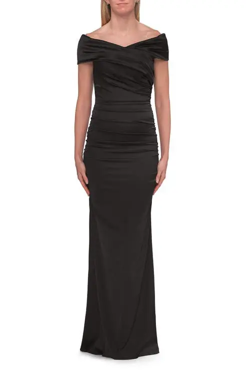 La Femme Off-the-shoulder Ruched Satin Gown - Black