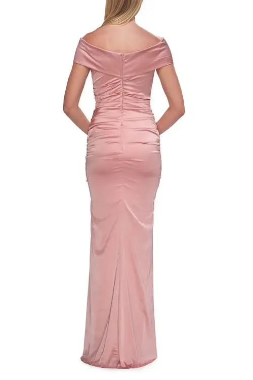 La Femme Off-the-shoulder Ruched Satin Gown - Blush