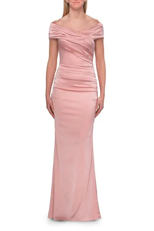 La Femme Off-the-shoulder Ruched Satin Gown - Blush