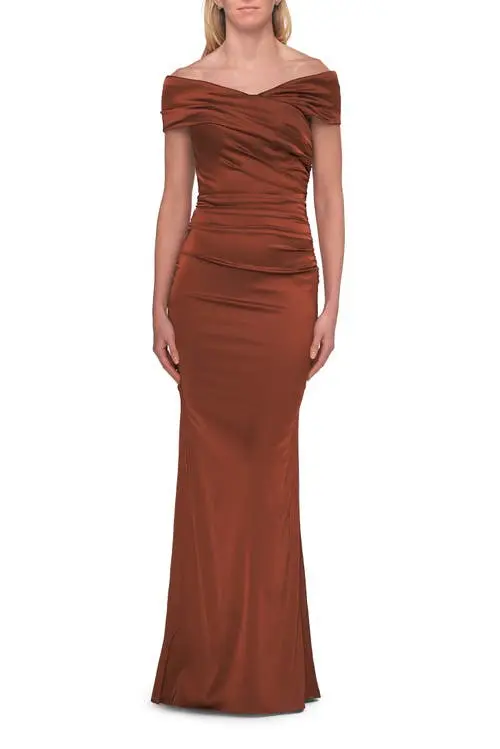 La Femme Off-the-shoulder Ruched Satin Gown - Copper