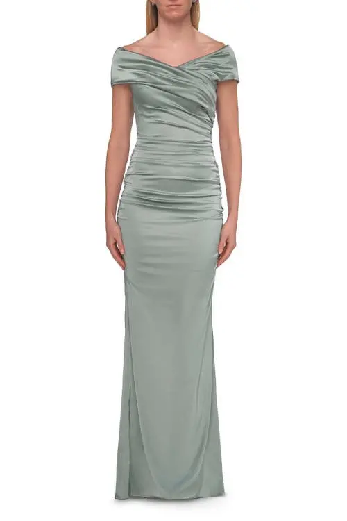 La Femme Off-the-shoulder Ruched Satin Gown - Sage