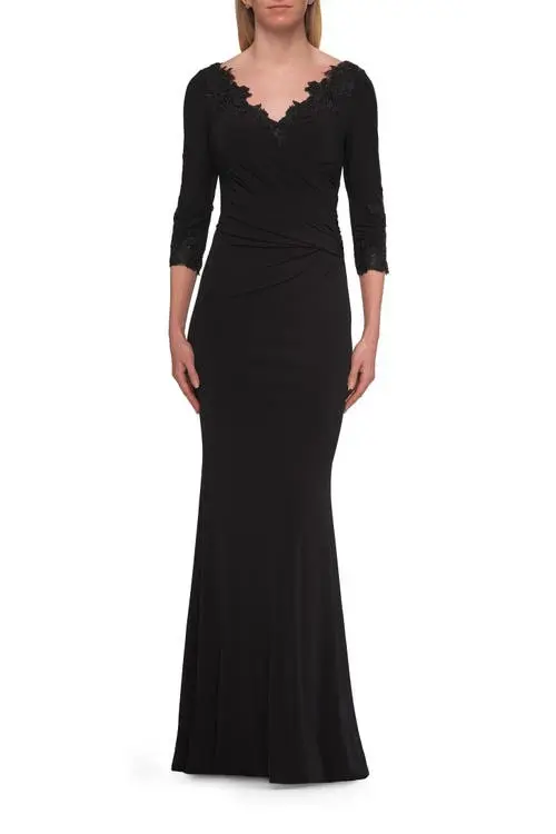 La Femme V-neck Lace Trim Gown With Three-quarter Sleeves - Black