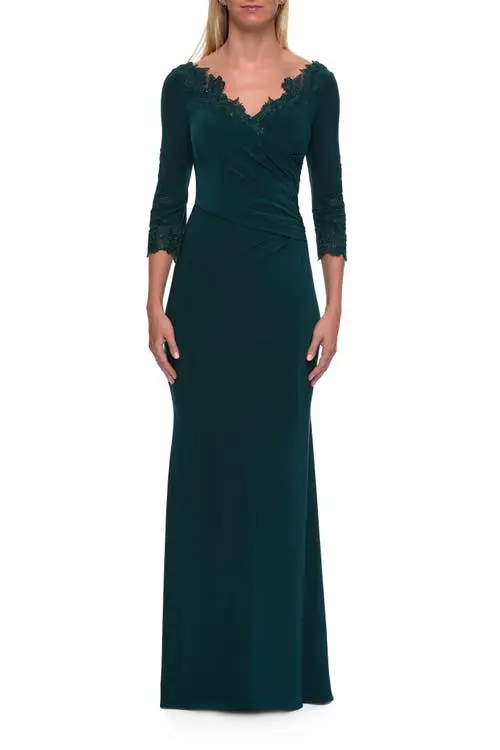 La Femme V-neck Lace Trim Gown With Three-quarter Sleeves - Emerald