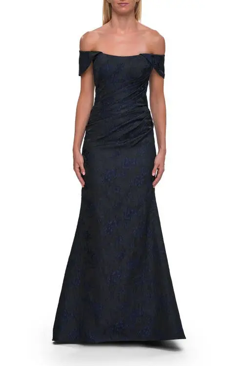 La Femme Off-the-shoulder Jacquard Evening Gown - Navy