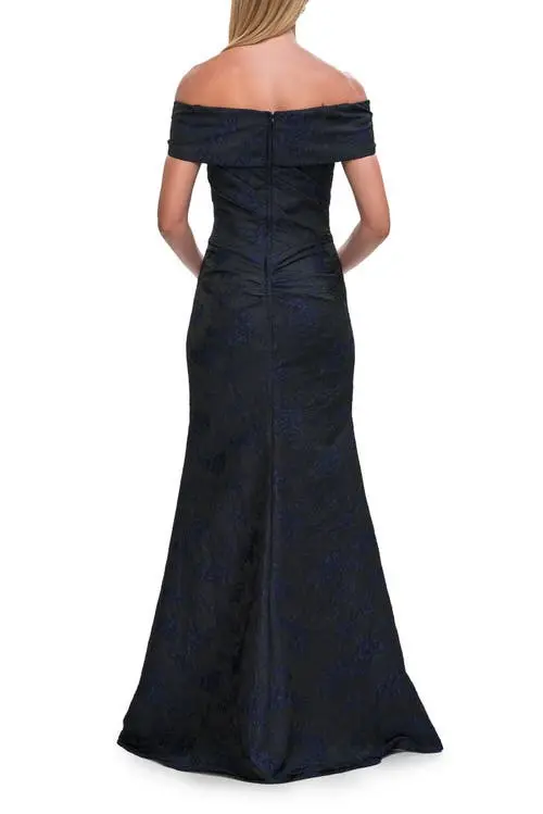La Femme Off-the-shoulder Jacquard Evening Gown