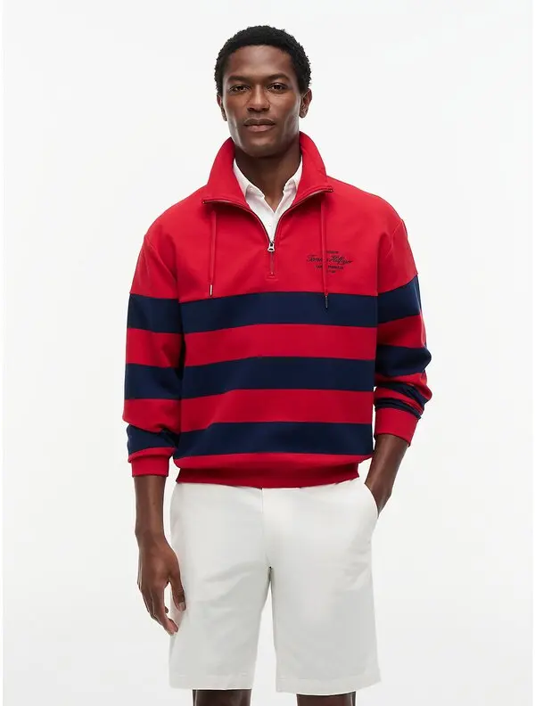 Tommy Hilfiger Breton Stripe Quarter-zip Sweatshirt - Medium Red