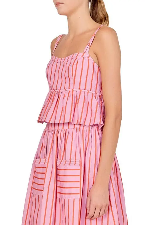 English Factory Stripe Ruffle Hem Cotton Top