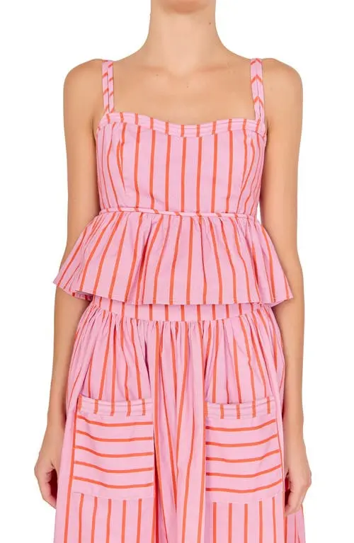 English Factory Stripe Ruffle Hem Cotton Top
