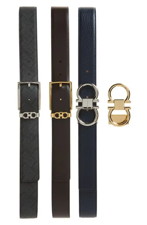 FERRAGAMO Set Of 3 Reversible Leather Belts With Interchangeable Buckles - Black/brown/blue Multi