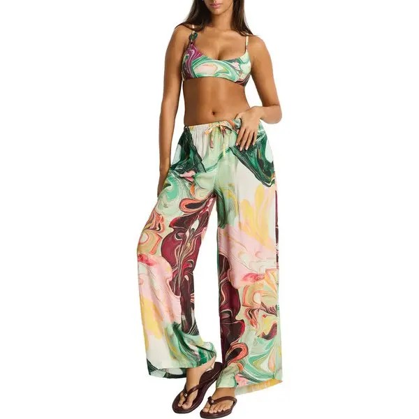 SEA LEVEL Marbleized Print Wide Leg Cover-up Pants