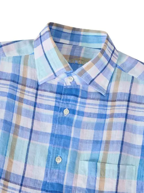 Robert Talbott Morgan Plaid Linen Short Sleeve Shirt - Aqua Multi