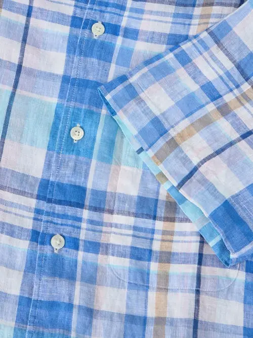 Robert Talbott Morgan Plaid Linen Short Sleeve Shirt - Aqua Multi