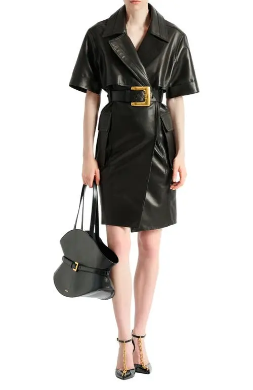 Balmain Belted Lambskin Leather Midi Dress - Black