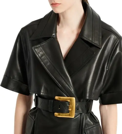 Balmain Belted Lambskin Leather Midi Dress