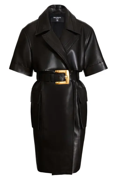 Balmain Belted Lambskin Leather Midi Dress