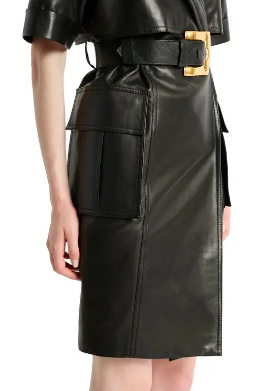 Balmain Belted Lambskin Leather Midi Dress