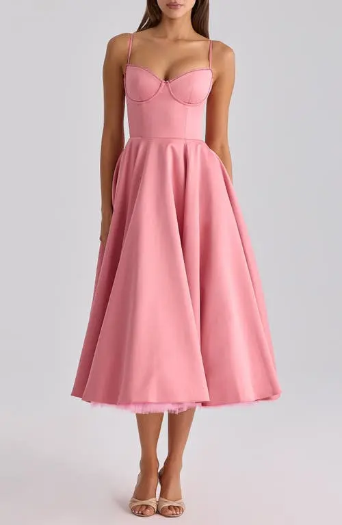 House Of Cb Mademoiselle Bustier Stretch Satin Midi Dress - Raspberry