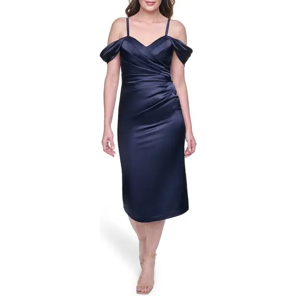 Eliza J Off-the-shoulder Pleated Satin Midi Dress - Navy