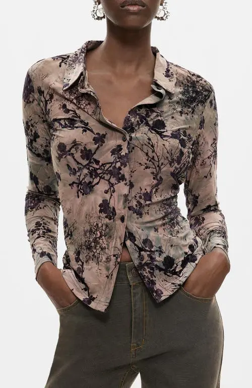 Desigual Print Stretch Button-up Shirt - Gray Brown
