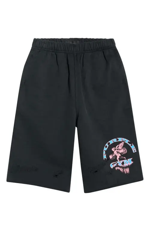 PURPLE BRAND Logo Graphic Relaxed Fit Cotton Shorts - Black