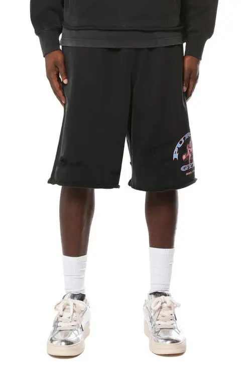 PURPLE BRAND Logo Graphic Relaxed Fit Cotton Shorts - Black