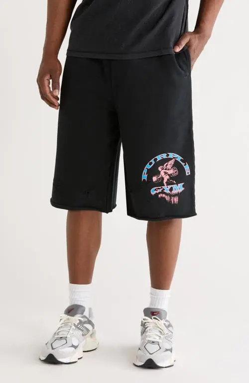 PURPLE BRAND Logo Graphic Relaxed Fit Cotton Shorts - Black