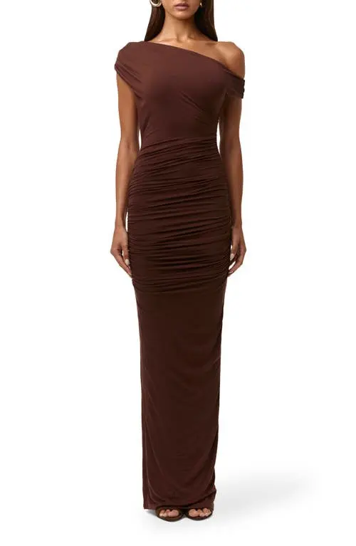 Naked Wardrobe Off-the-shoulder Ruched Maxi Dress - Chocolate